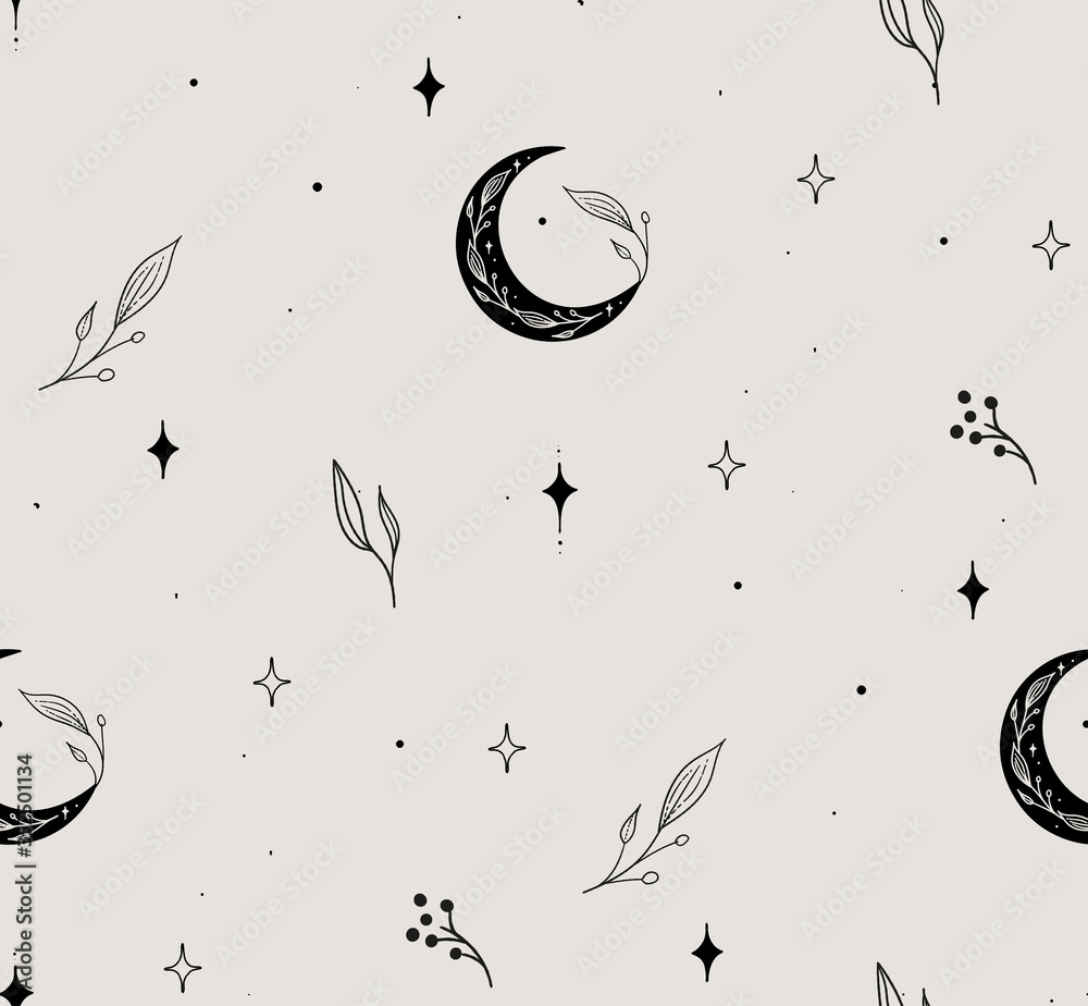 Vector Hand Drawn Line Drawing Doodle Floral Seamless Pattern with Moon ...