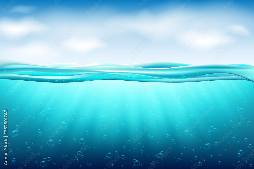 Sea landscape underwater space. Background with realistic clouds ...