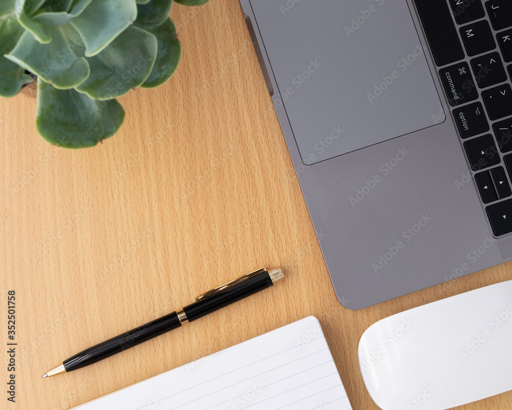Flat lay, Office table wooden desk, Bright Creative workspace with reen ...