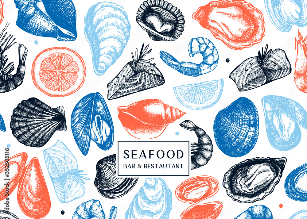 Vector background with hand drawn shellfish illustrations - clams ...