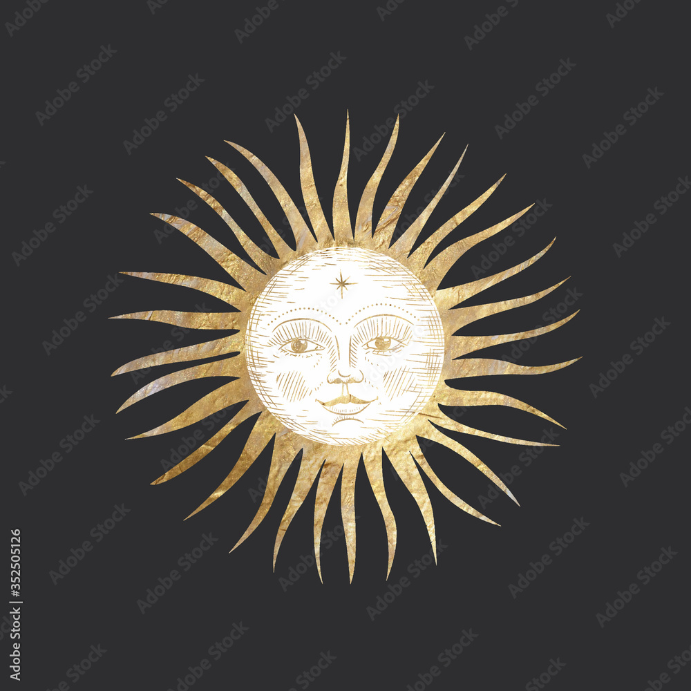 chic golden luxurious retro vintage engraving style. image of the sun ...