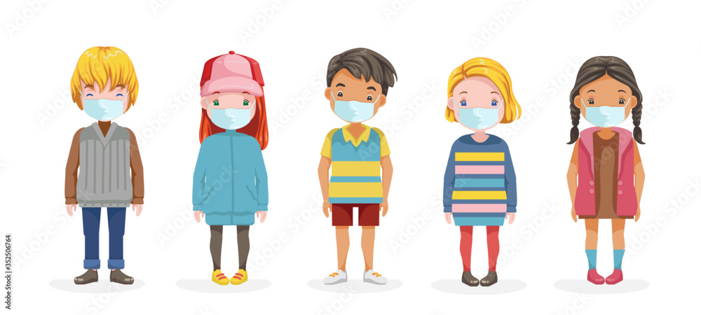 Kids mask full body set. Little boy and little girl wear face mask ...