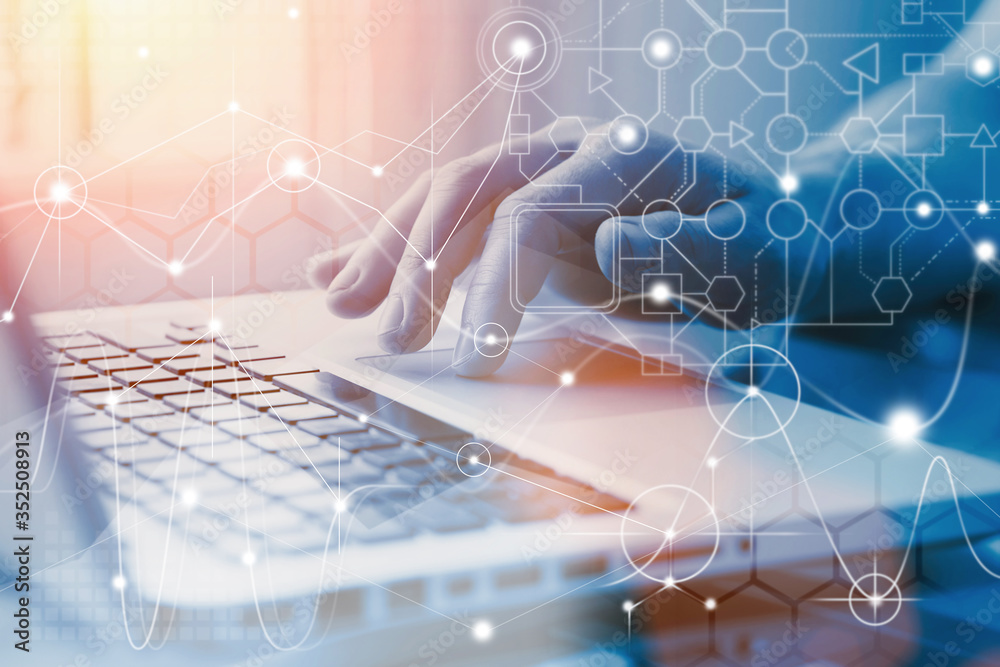Project management concept. Abstract diagramms and charts on laptop ...
