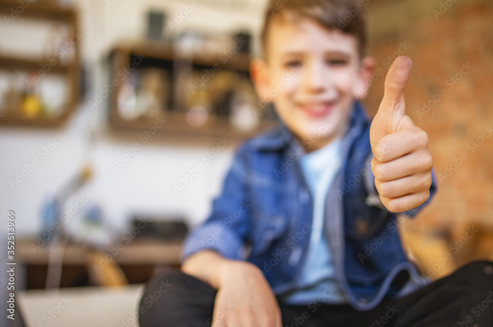 Young boy proud of hiws DIY project Stock Photo | Adobe Stock