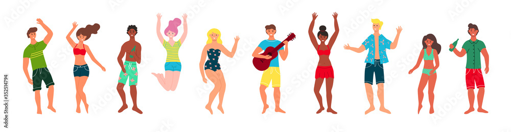 Beach party set of cartoon characters isolated on a white background ...