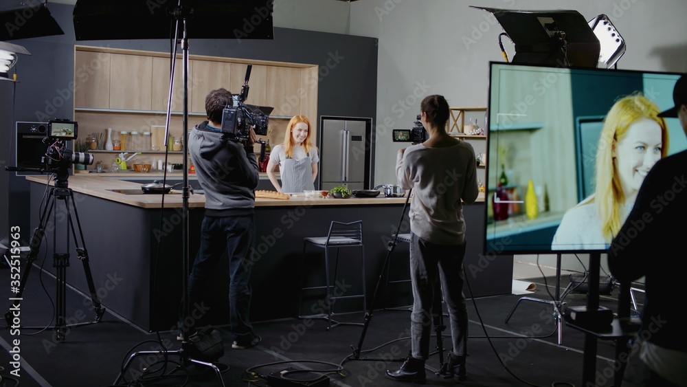 WIDE Behind the scenes of studio set, shooting TV television cooking ...