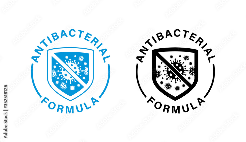 Antibacterial formula icons, shield with crossed bacteries blue and ...