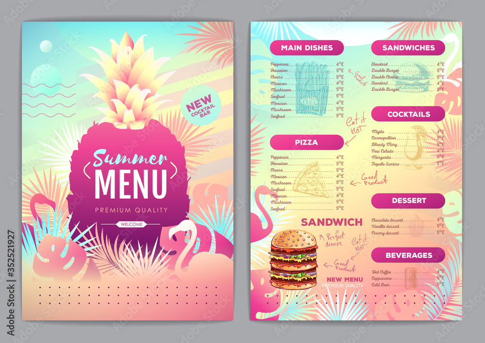 Restaurant summer tropical gradient menu design with fluorescent tropic ...