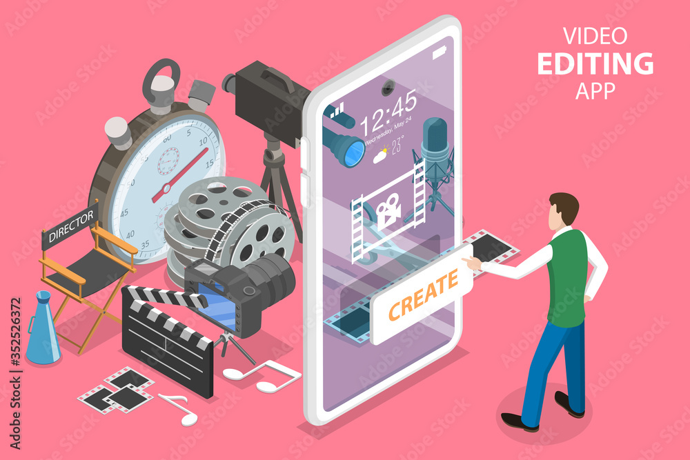 3D Isometric Flat Vector Concept of Mobile Video Editing App, Motion ...