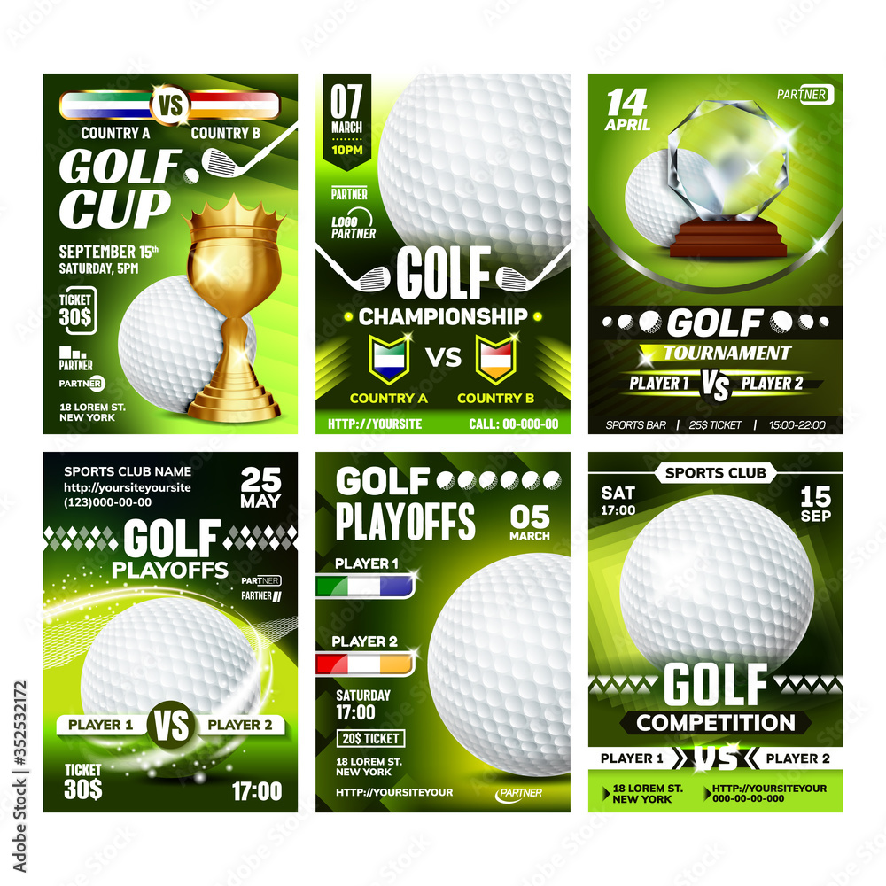 Golf Club Field Playground Game Posters Set Vector. Playing Ball And ...