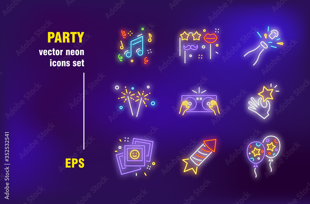 Party neon signs set. Decoration, accessory, carnival, music, balloon ...