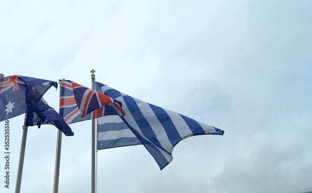 The flags of Australia, Great Britain and New Zealand flutter in the ...
