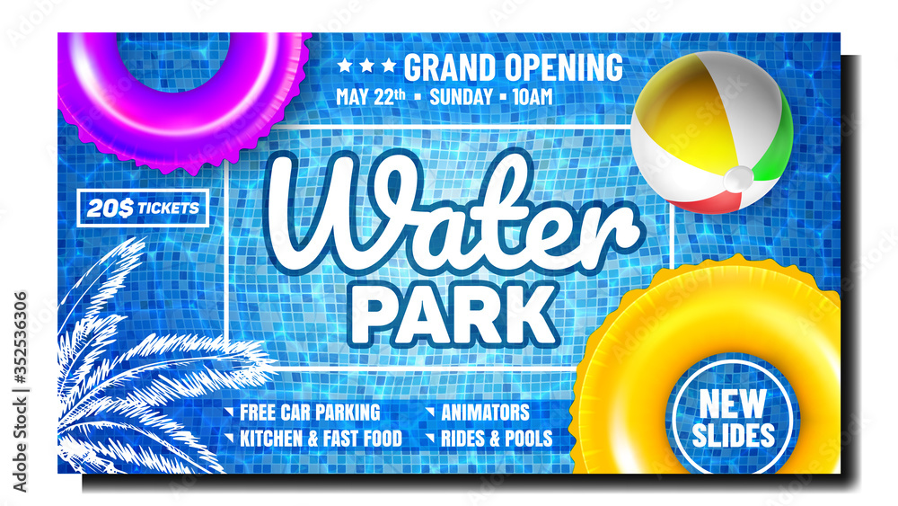 Water Park Creative Advertising Poster Vector. Inflatable Ring And Ball ...