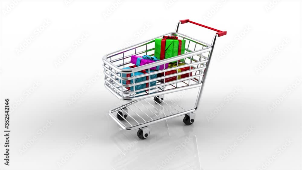 Appears animated realistic shopping cart with colored gift boxes at ...