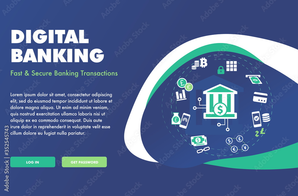 Vector illustrated welcome screen template for a digital banking ...