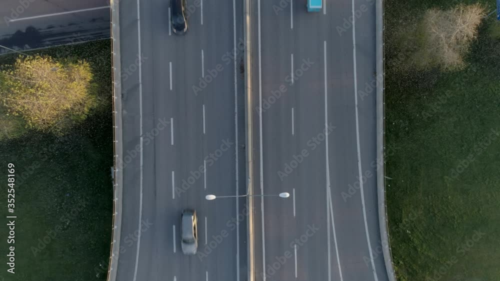 Aerial top down view of elevated highway traffic. Drone shot flying ...