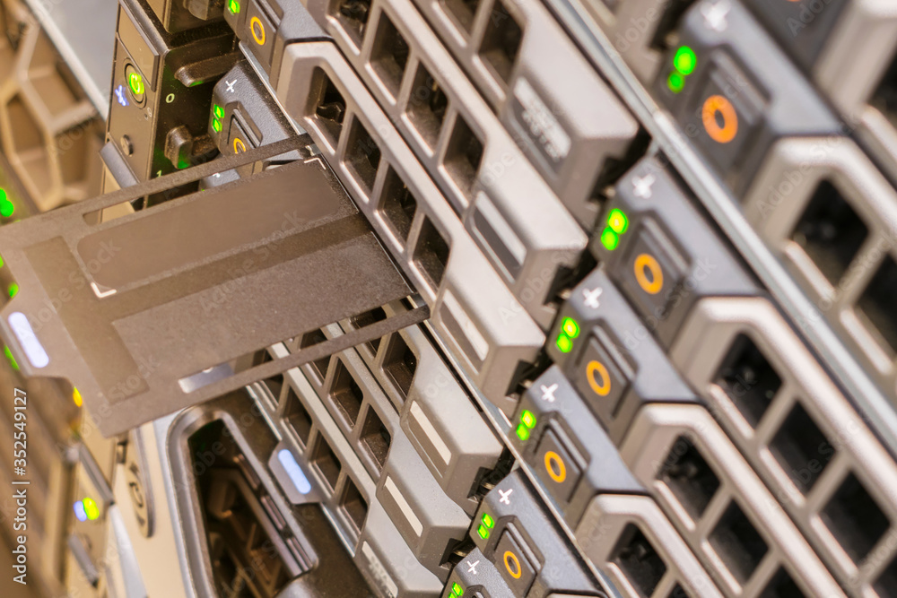 Front panel of the network router. Array of database servers with many ...