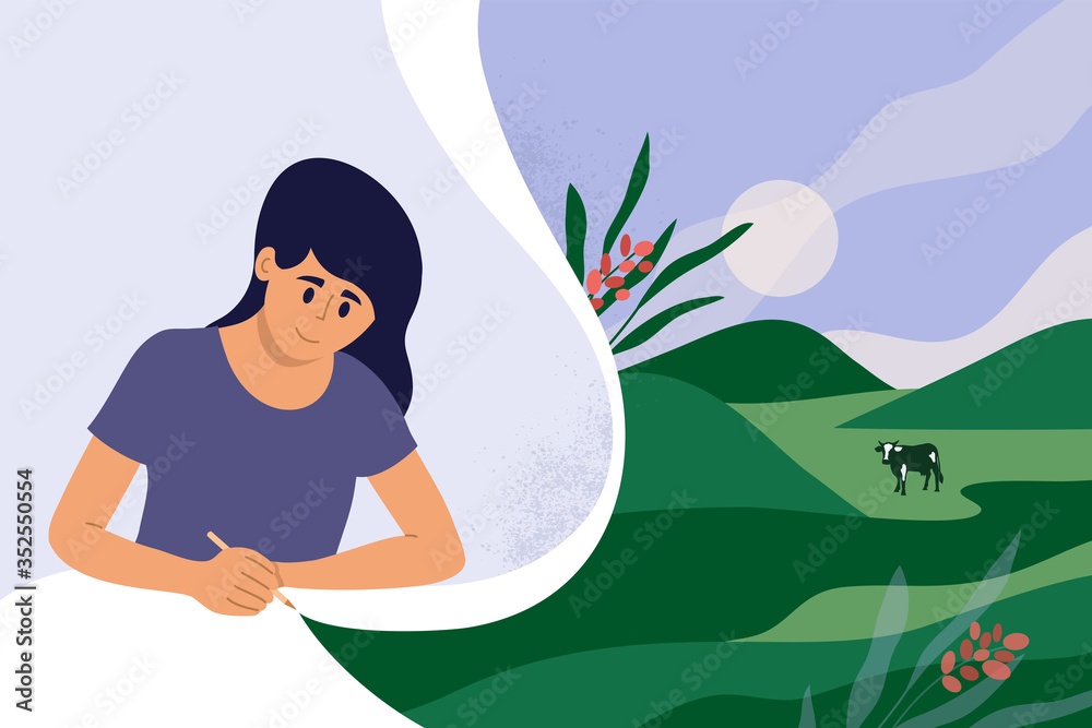 Girl artist drawing picture with landscape. Painter or art person ...