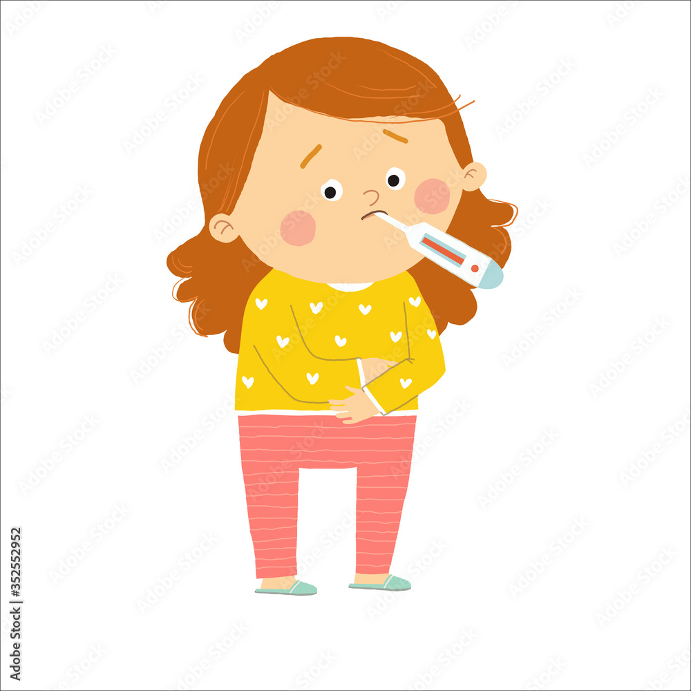 Kid girl having fever. Cartoon vector hand drawn eps 10 illustration ...