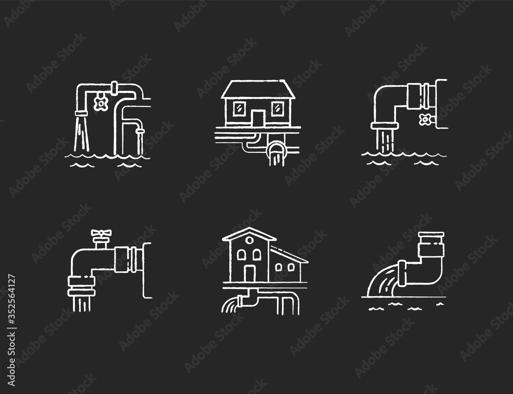 Drainage pipe system chalk white icons set on black background. Home ...