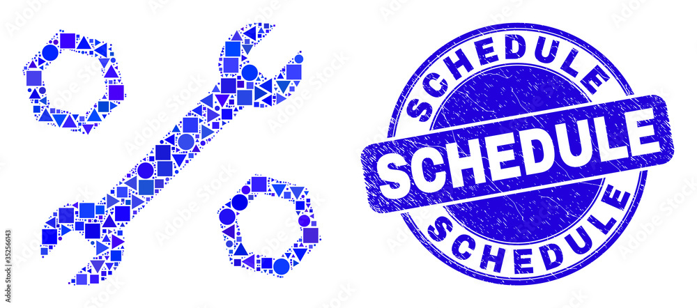 Geometric wrench and nuts mosaic pictogram and Schedule stamp. Blue ... Geometric wrench and nuts mosaic pictogram and Schedule stamp. Blue ...