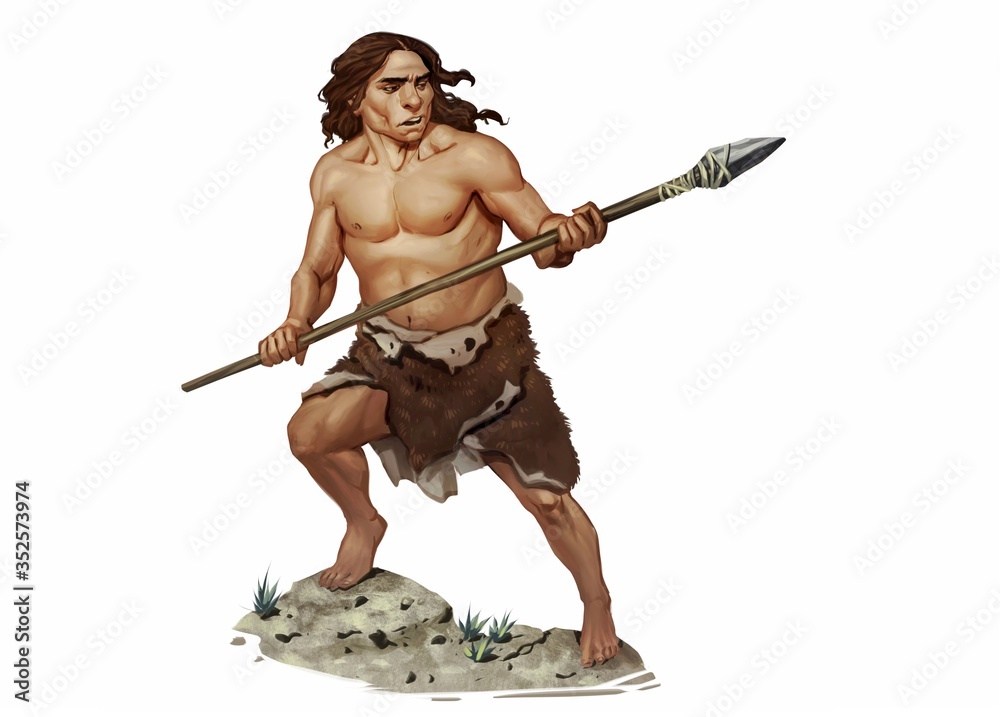 Poster Full Color Realistic Illustration of Neanderthal Holding Stone Age Spear – Wall Art ...