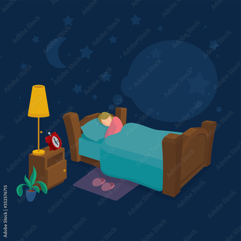 Sleeping woman in bed. Cartoon style female character peacefully ...