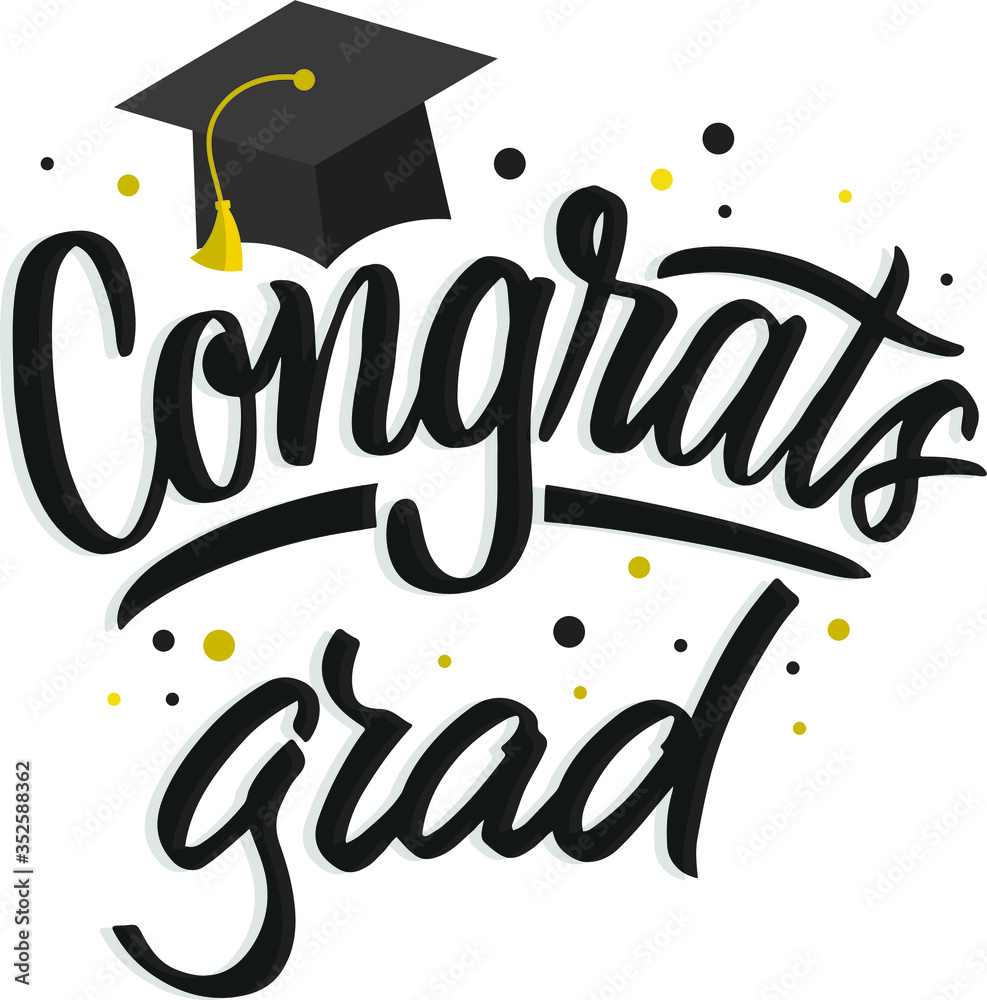 Hand Lettering congrats grad with illustration of master hat. Modern ...