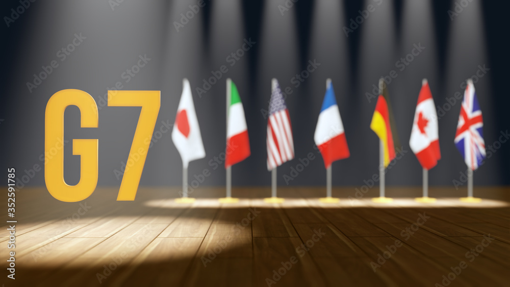 G7 summit or meeting concept. Row from flags of members of G7 group of ...
