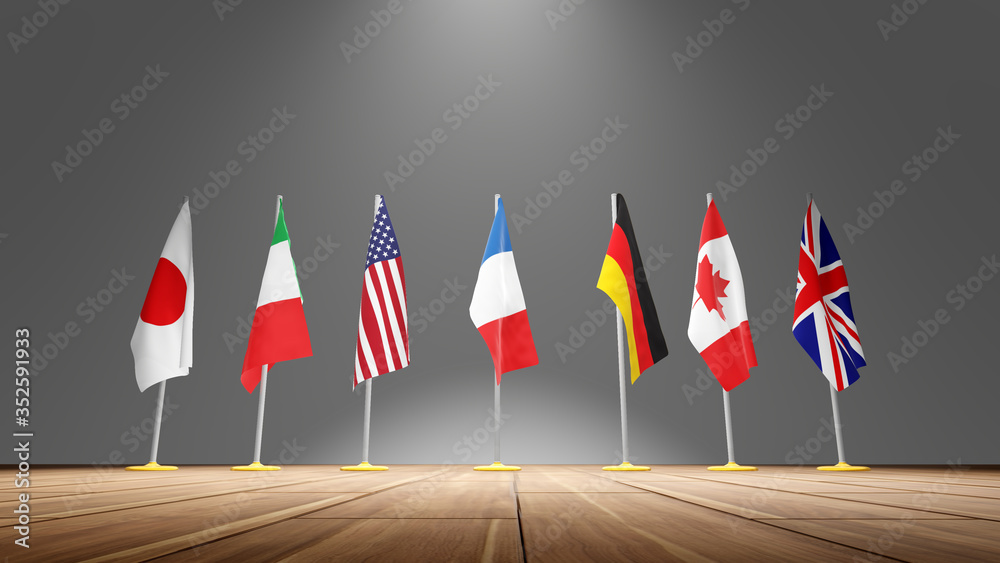 G7 summit or meeting concept. Row from flags of members of G7 group of ...