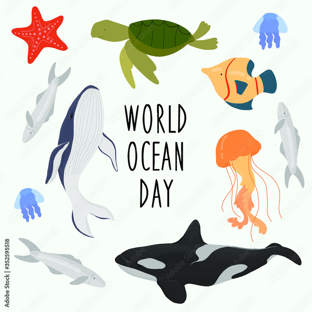 June 8 World Oceans Day. Poster, banner, card. Hand drawn vector flat ...
