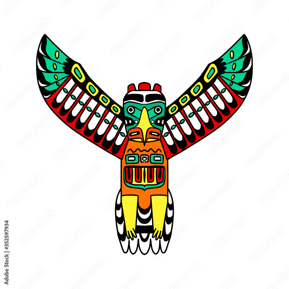 Colored Indian Totem. Wooden object symbol animal plant representation ...