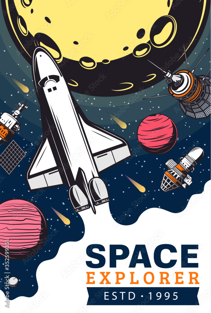 Space exploration, galaxy expedition and adventure vintage vector retro ...