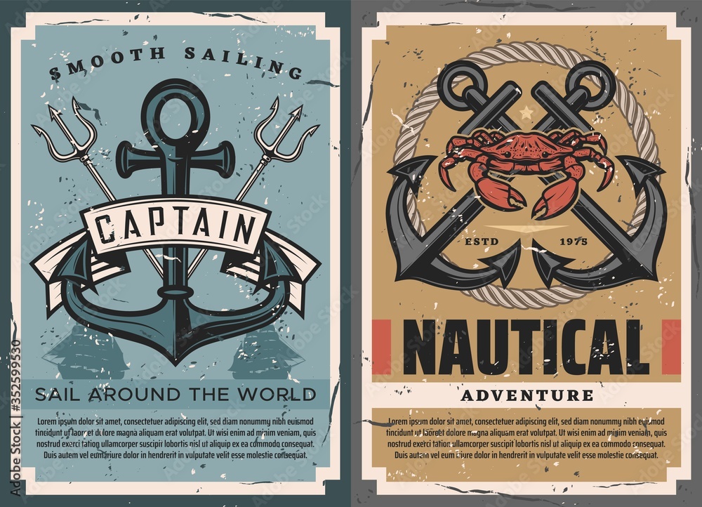Nautical vintage posters set with ship anchor, crossed marine tridents ...