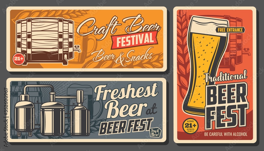 Craft beer and snacks vector posters. Glass cup with foamy drink ...