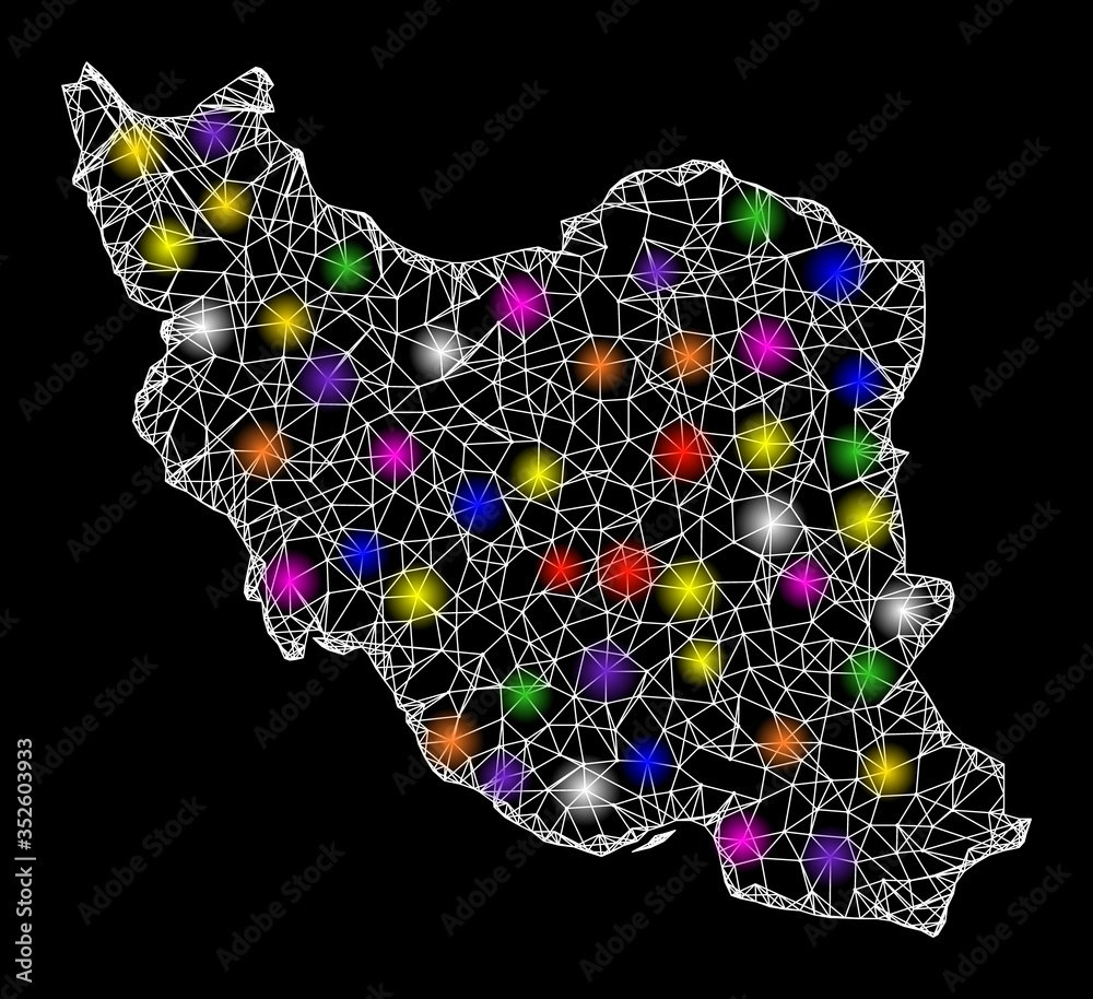 Web mesh vector map of Iran with glare effect on a black background ...