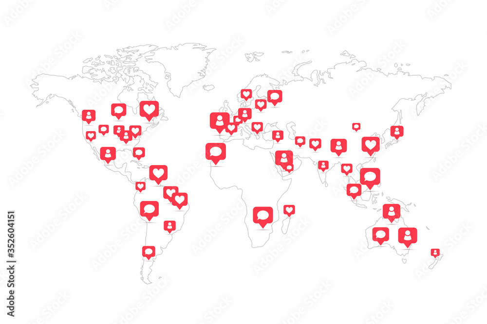 Global world map with lots social likes and comments icons on white ...