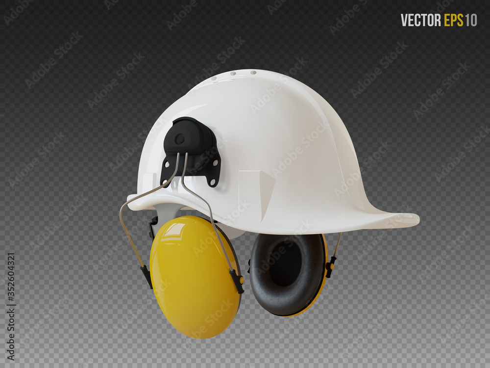 Isolated white hard hat with ear defenders. Realistic 3D Vector ...