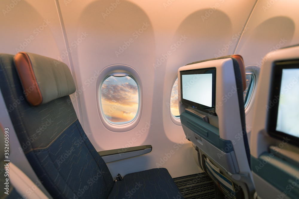 Airplane window view inside an aircraft. Window plane. Stock-Foto ...