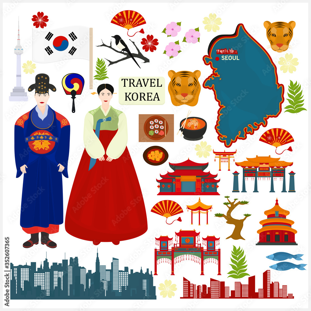 Travel to Korea. Symbols of Korea. Set of traditional elements of ...