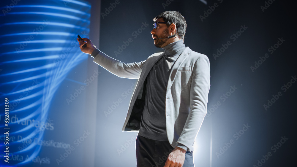 On-Stage: Handsome Speaker Does Presentation, New Product Release ...