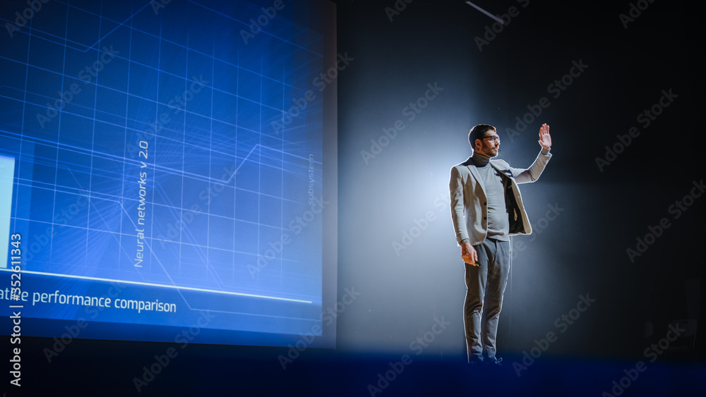 On-Stage Speaker Greets Audience, Presentation of Technological Device ...