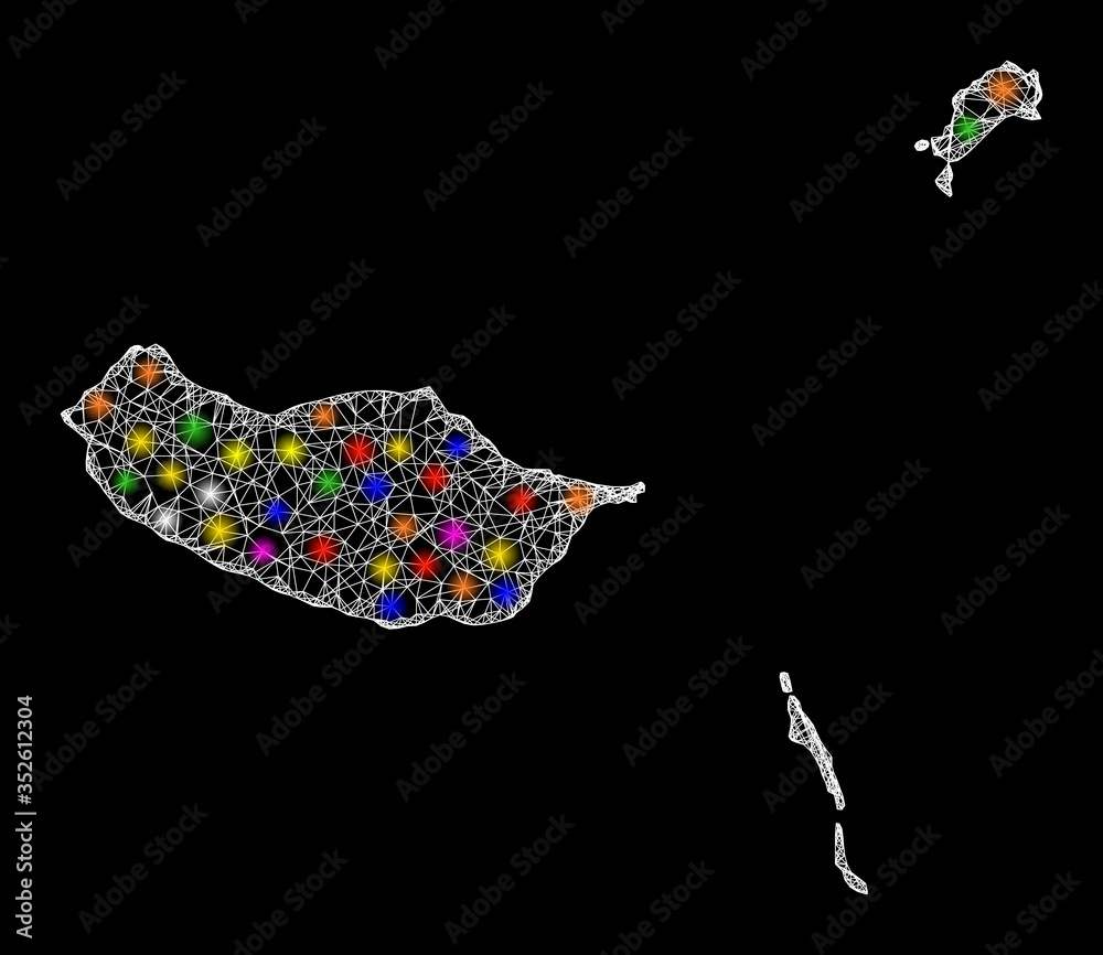 Web mesh vector map of Madeira Islands with glare effect on a black background. Abstract lines ...
