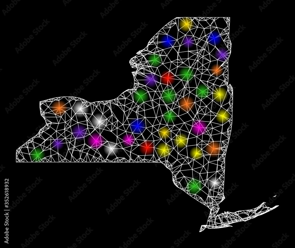 Web mesh vector map of New York State with glitter effect on a black ...