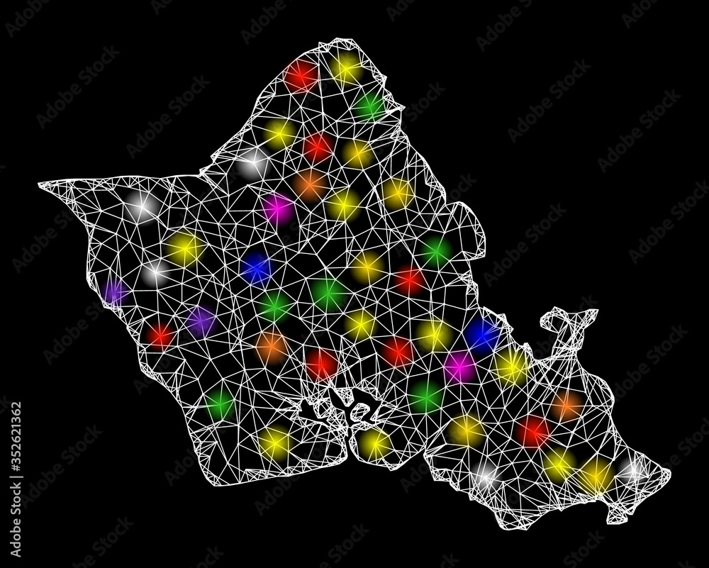 Web mesh vector map of Oahu Island with glare effect on a black ...