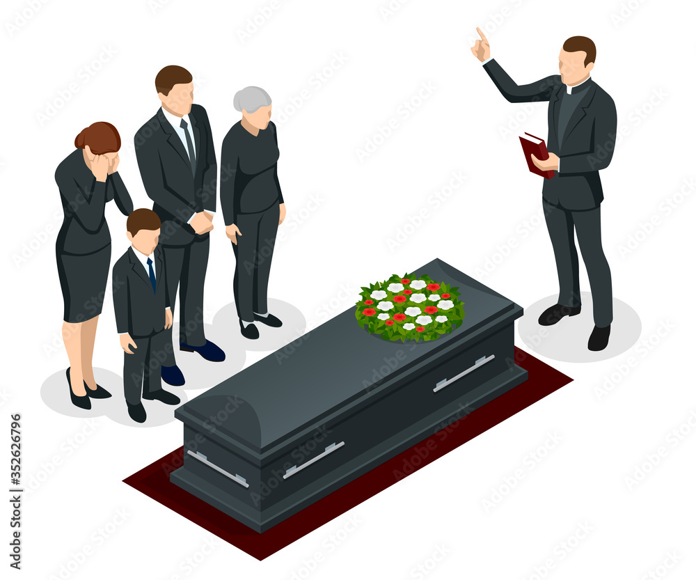 Isometric Funeral ceremony at the cemetery. Sad and crying people in ...