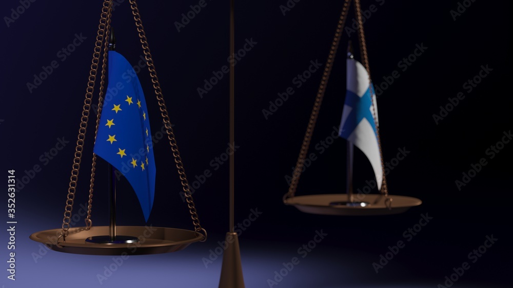 Flags of the European Union and Finland on the bowls of the balance ...