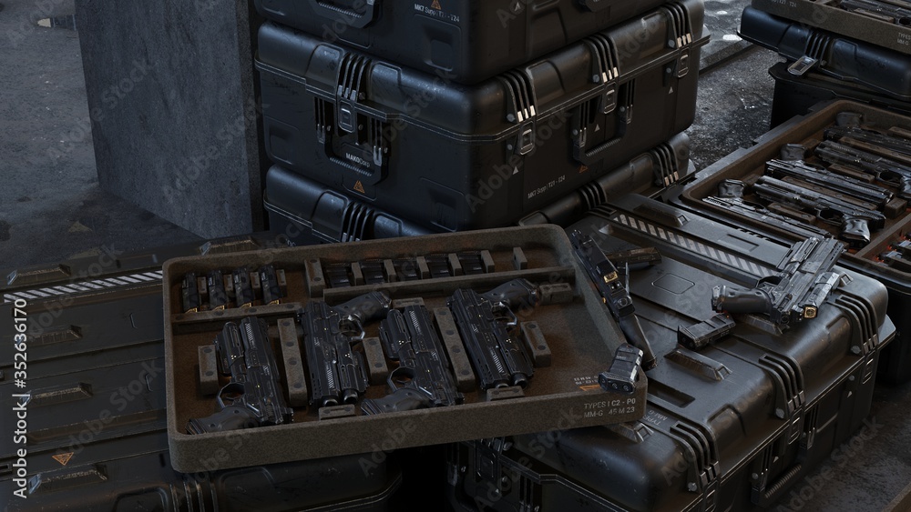 Boxes with modern weapons and ammunition in a military warehouse. 3D ...