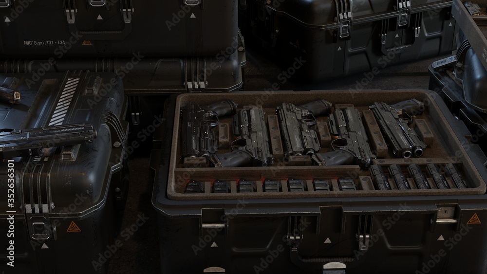 Boxes with modern weapons and ammunition in a military warehouse. 3D ...