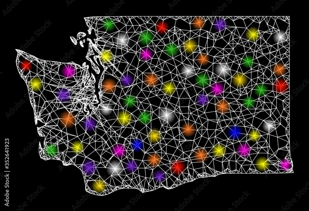 Web mesh vector map of Washington State with glare effect on a black ...